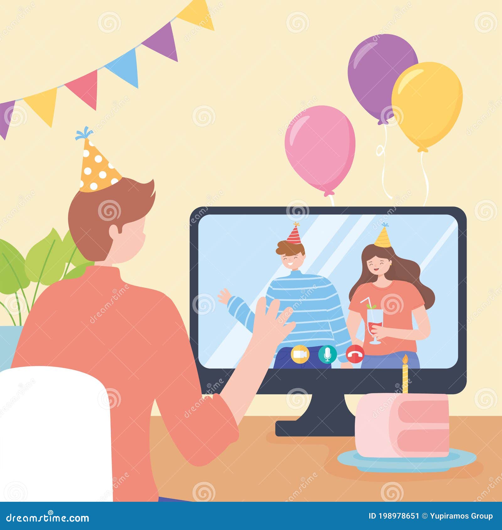 Online Party, Man Celebrating with Friends Connected by Computer Stock ...