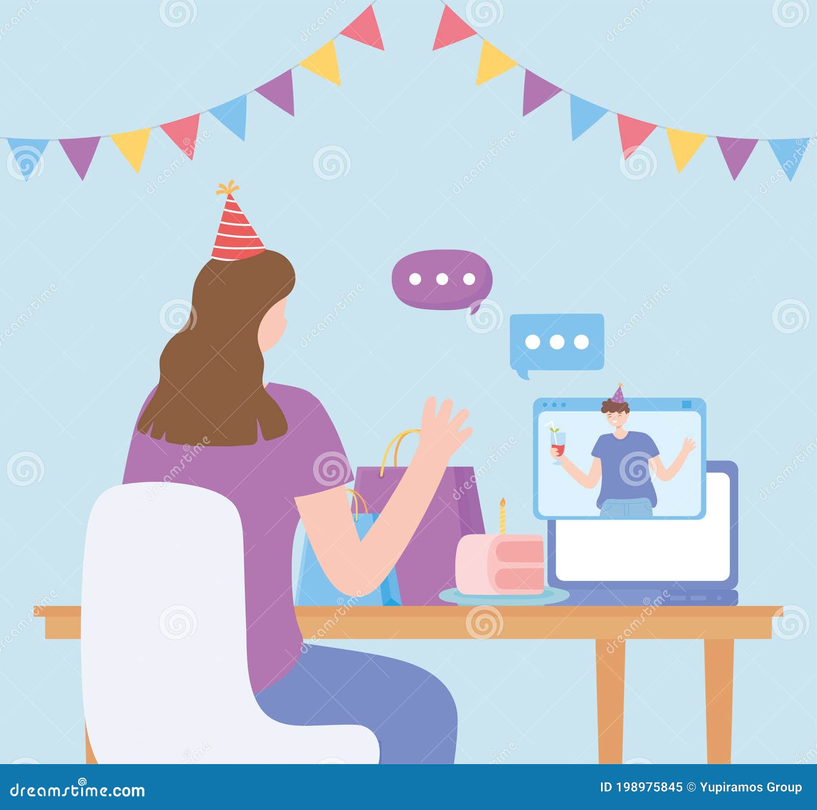 Online Party, Woman and Man Talking by Computer Celebration Birthday ...