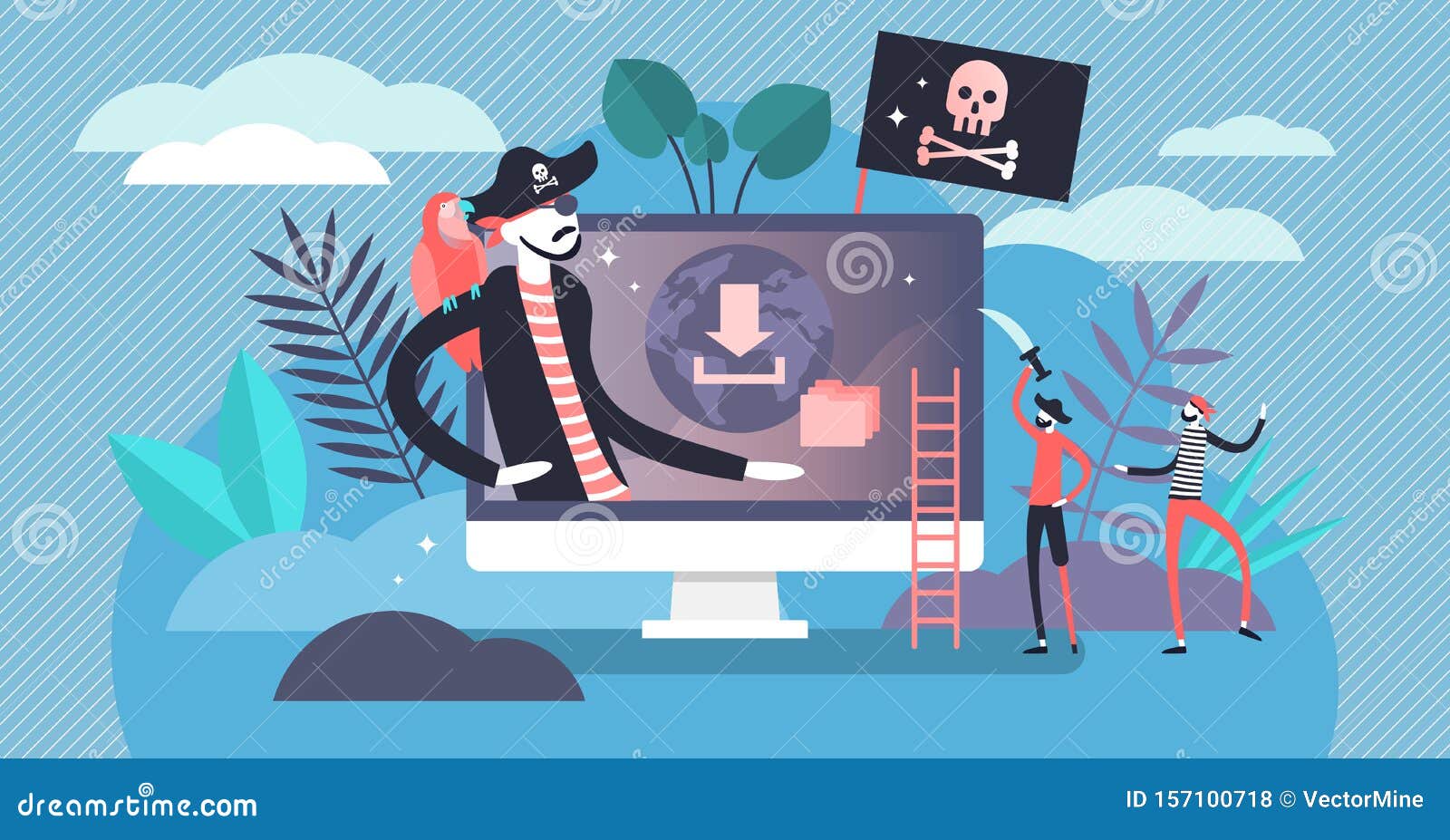 Online Piracy Vector Illustration. Flat Tiny Illegal Hacker Persons ...