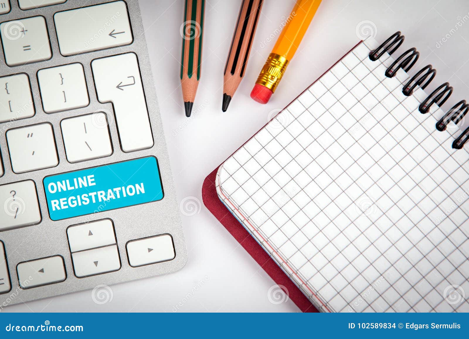 Online Registration Concept. Computer Keyboard on a White Office Desk ...