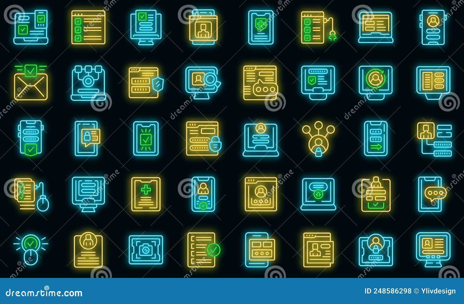 Online Registration Icons Set Outline Vector. Device Apply Vector Neon ...