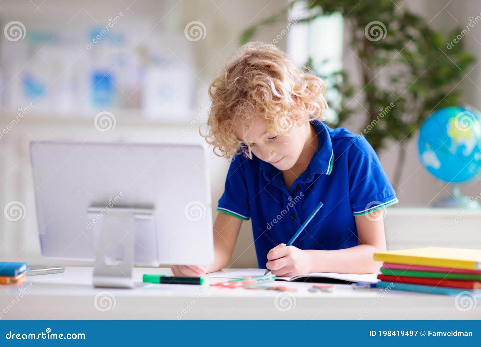 Online Remote Learning. School Kids with Computer Stock Image - Image ...