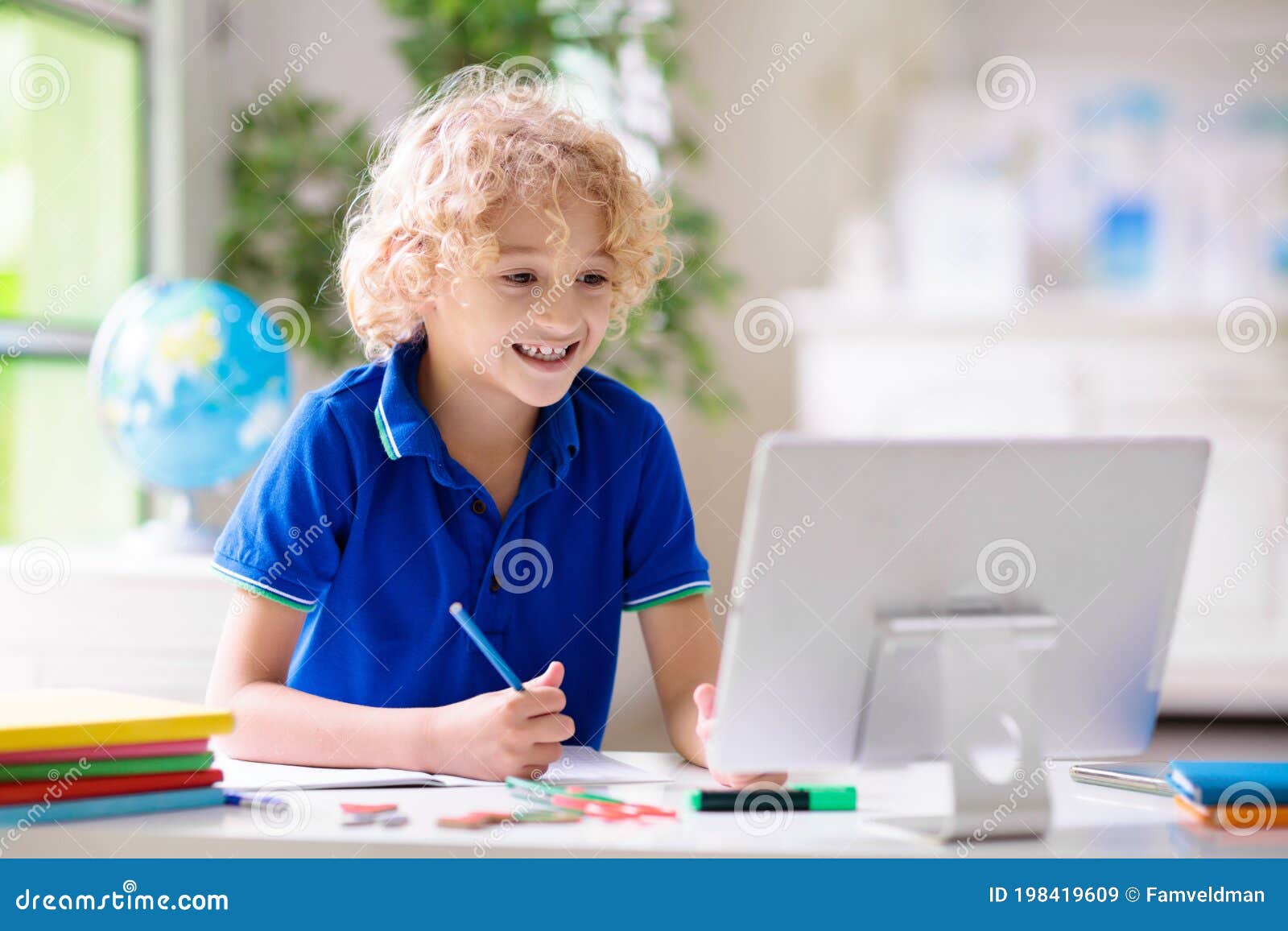 Online Remote Learning. School Kids with Computer Stock Image - Image ...