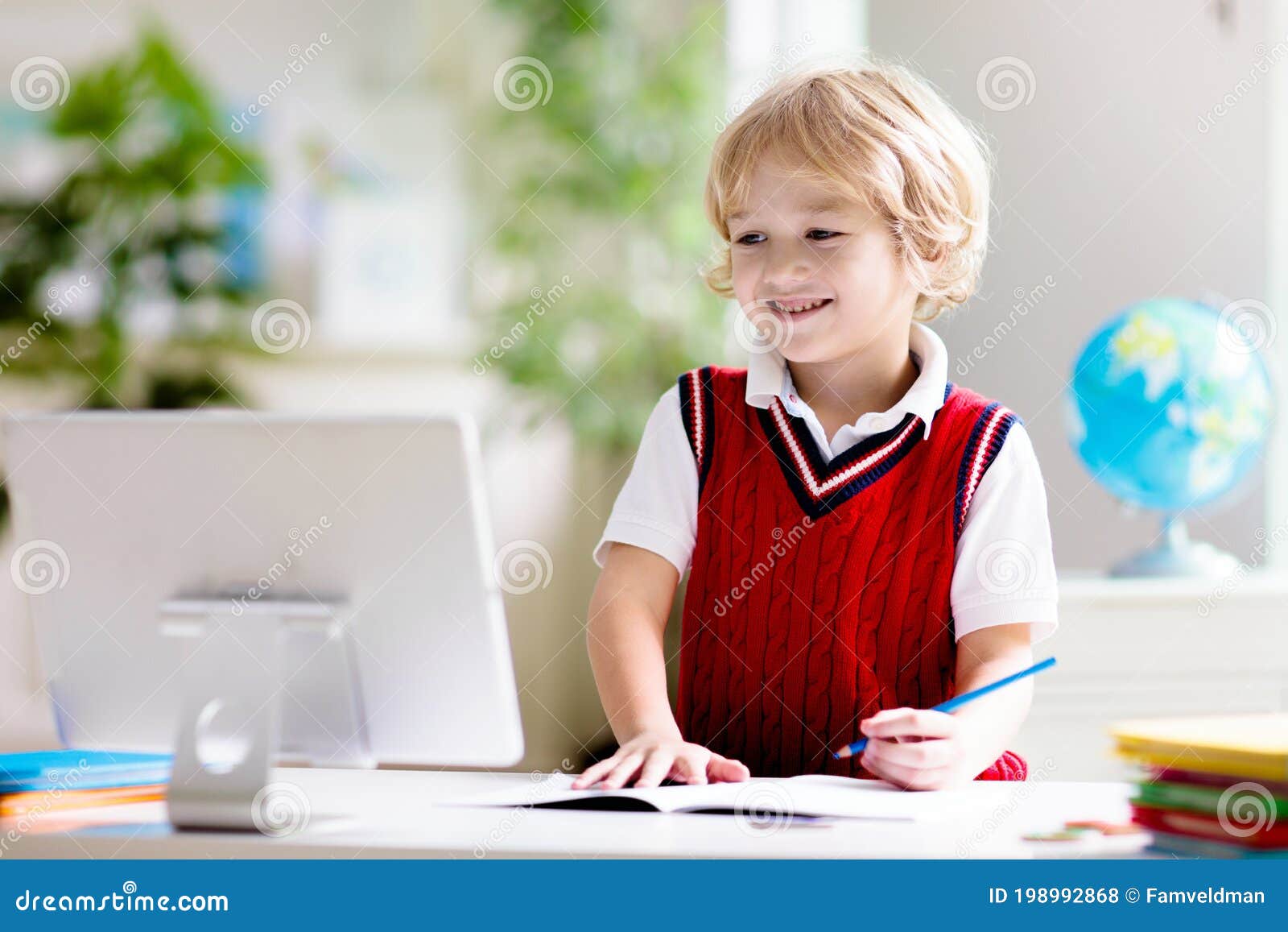 Online Remote Learning. School Kids with Computer Stock Photo - Image ...
