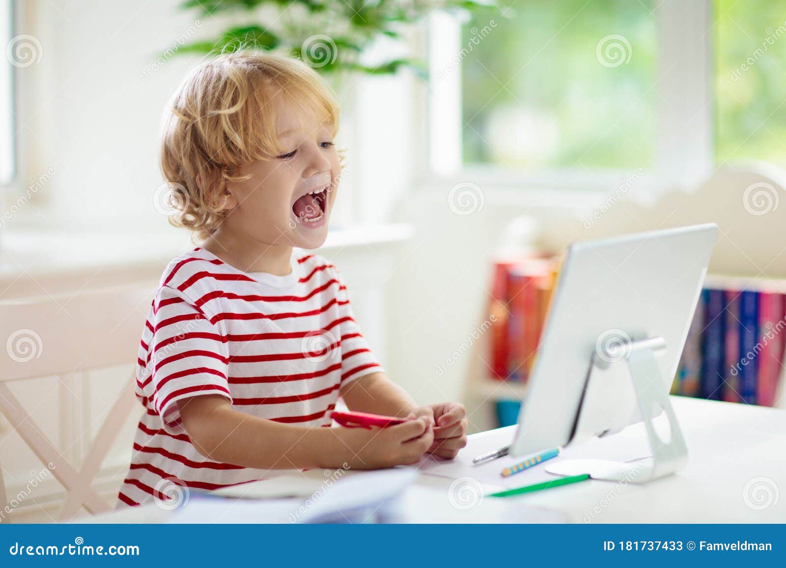 Online Remote Learning. School Kids with Computer Stock Image - Image ...