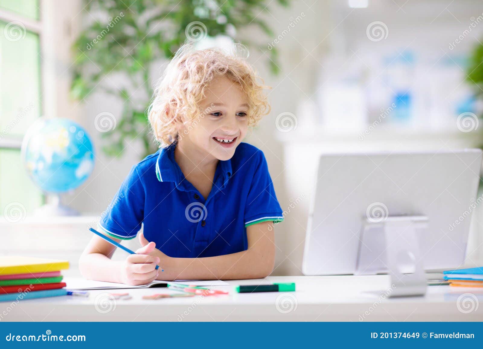 Online Remote Learning. School Kids with Computer Stock Image - Image ...