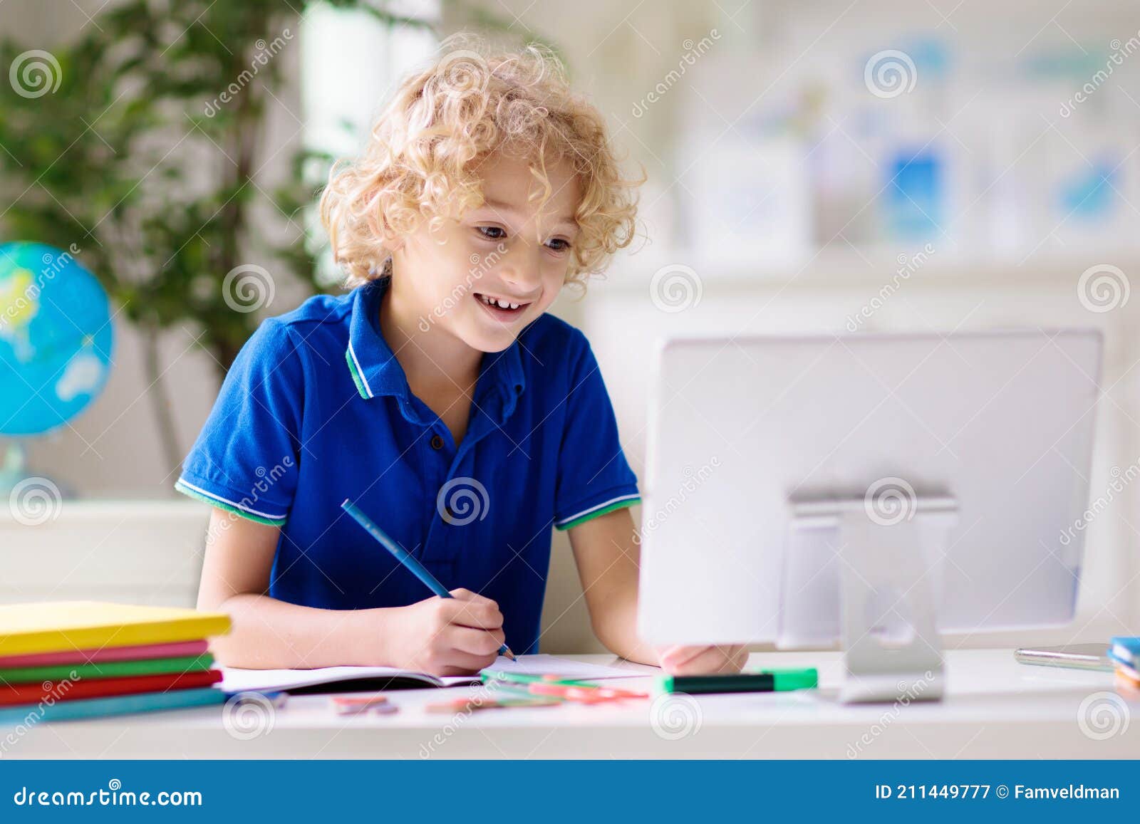 Online Remote Learning. School Kids with Computer Stock Image - Image ...