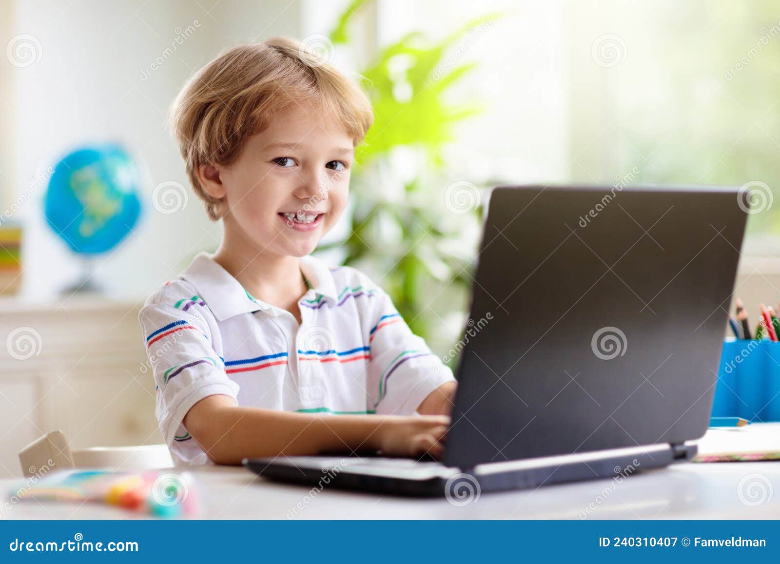 Online Remote Learning. School Kids with Computer Stock Image - Image ...