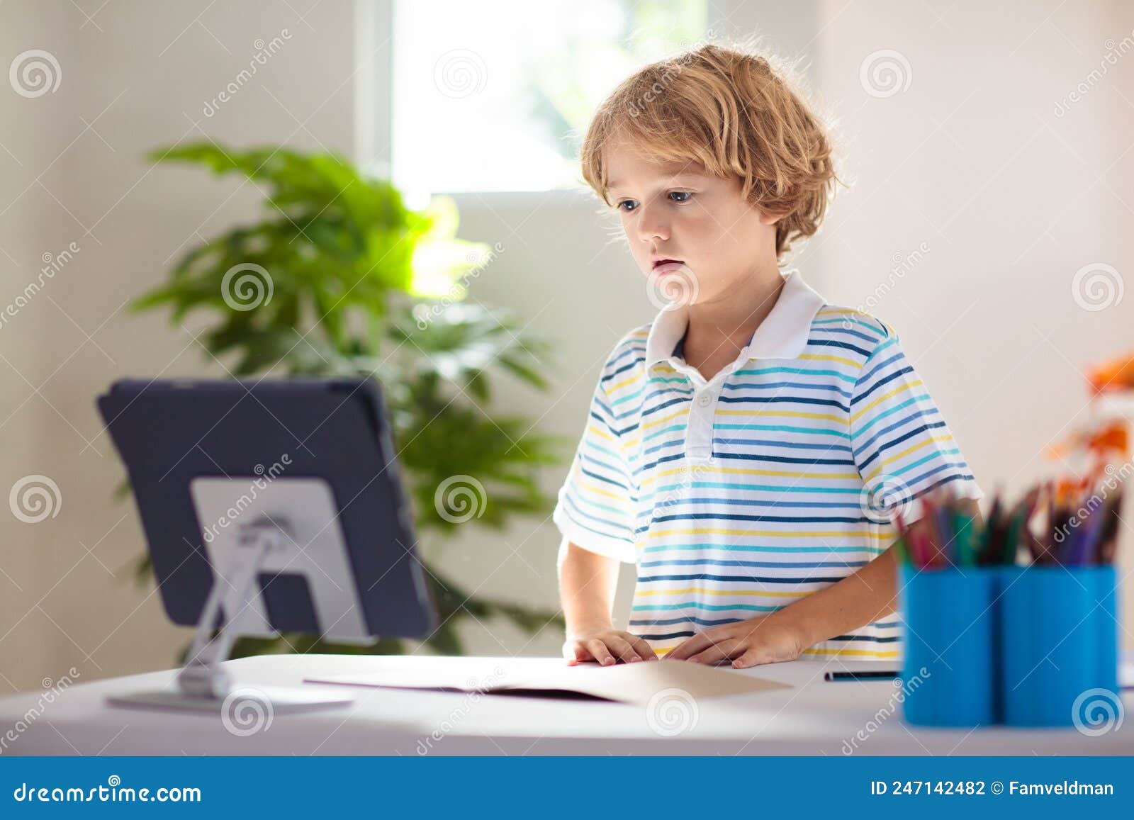 Online Remote Learning. School Kids with Computer Stock Photo - Image ...
