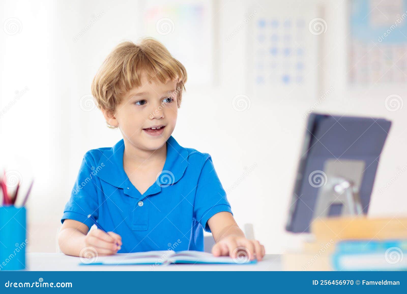 Online Remote Learning. School Kids with Computer Stock Photo - Image ...