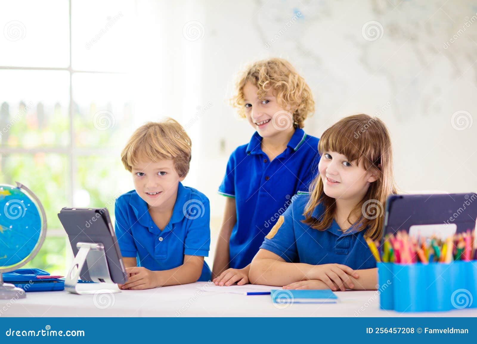 Online Remote Learning. School Kids with Computer Stock Photo - Image ...