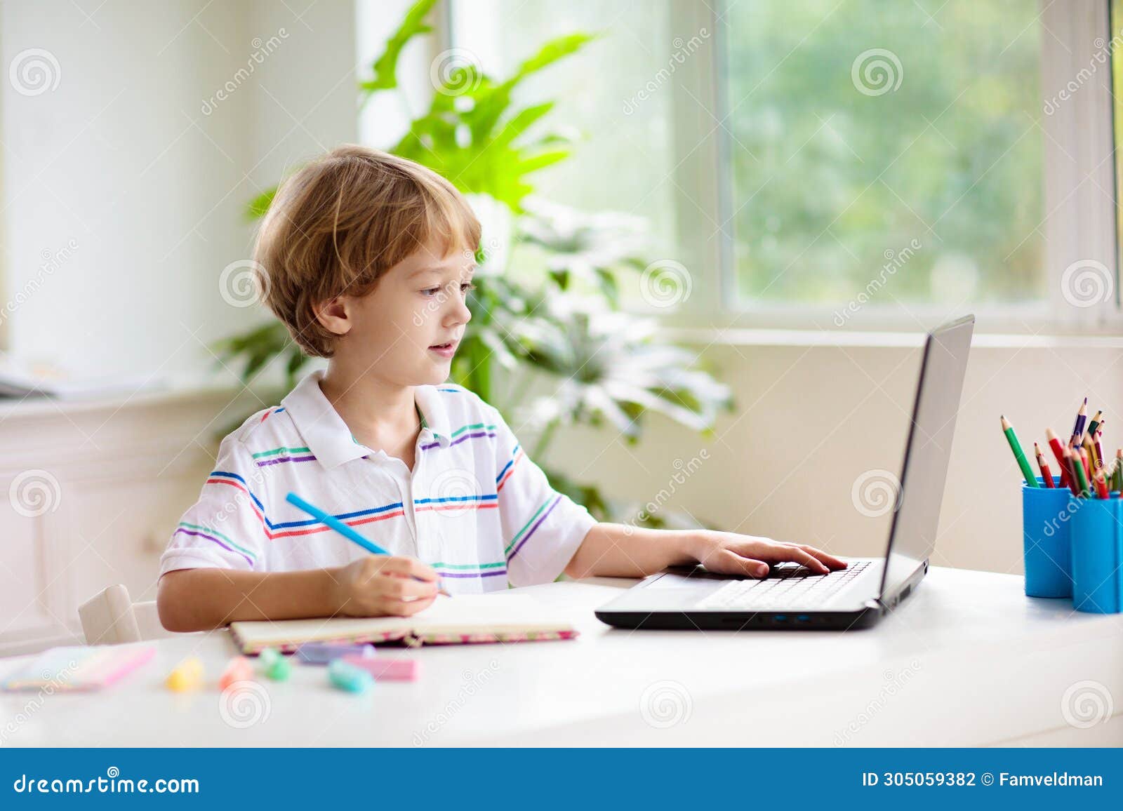 Online Remote Learning. School Kids with Computer Stock Photo - Image ...