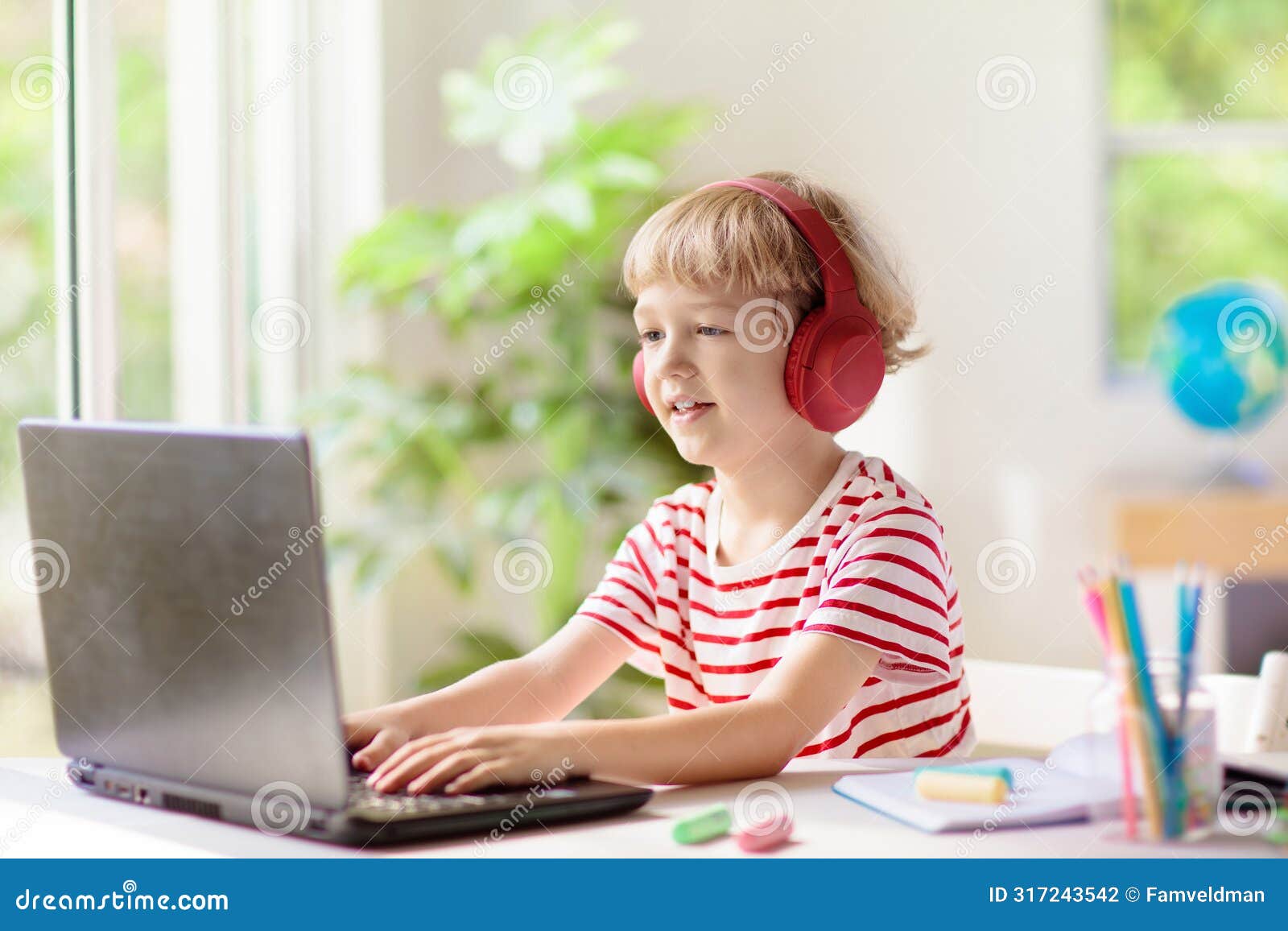 Online Remote Learning. School Kids with Computer Stock Photo - Image ...