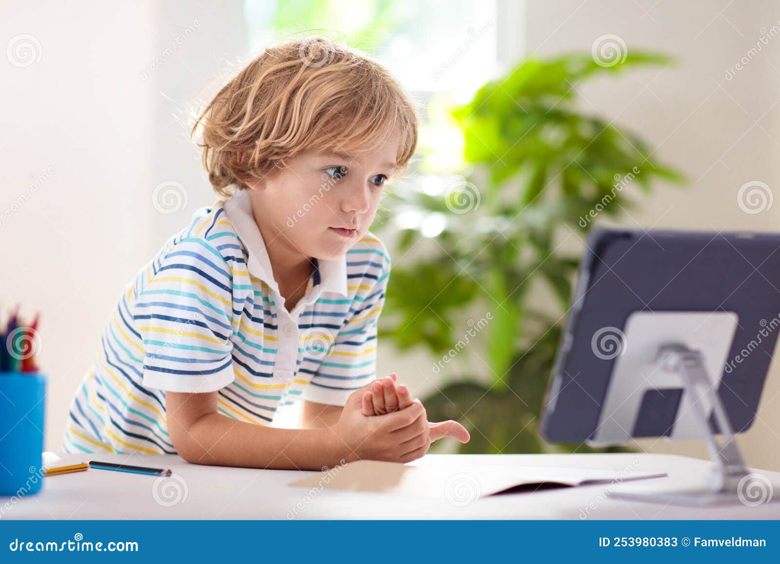 Online Remote Learning. School Kids with Computer Stock Image - Image ...