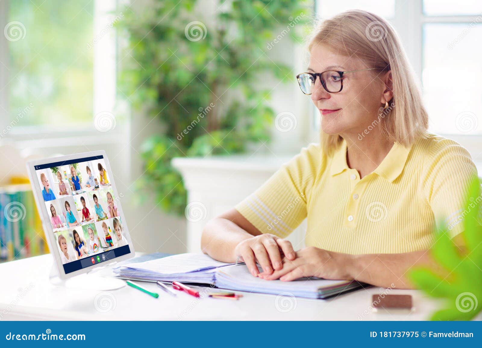 Online Remote Learning. Teacher with Computer Stock Image - Image of ...