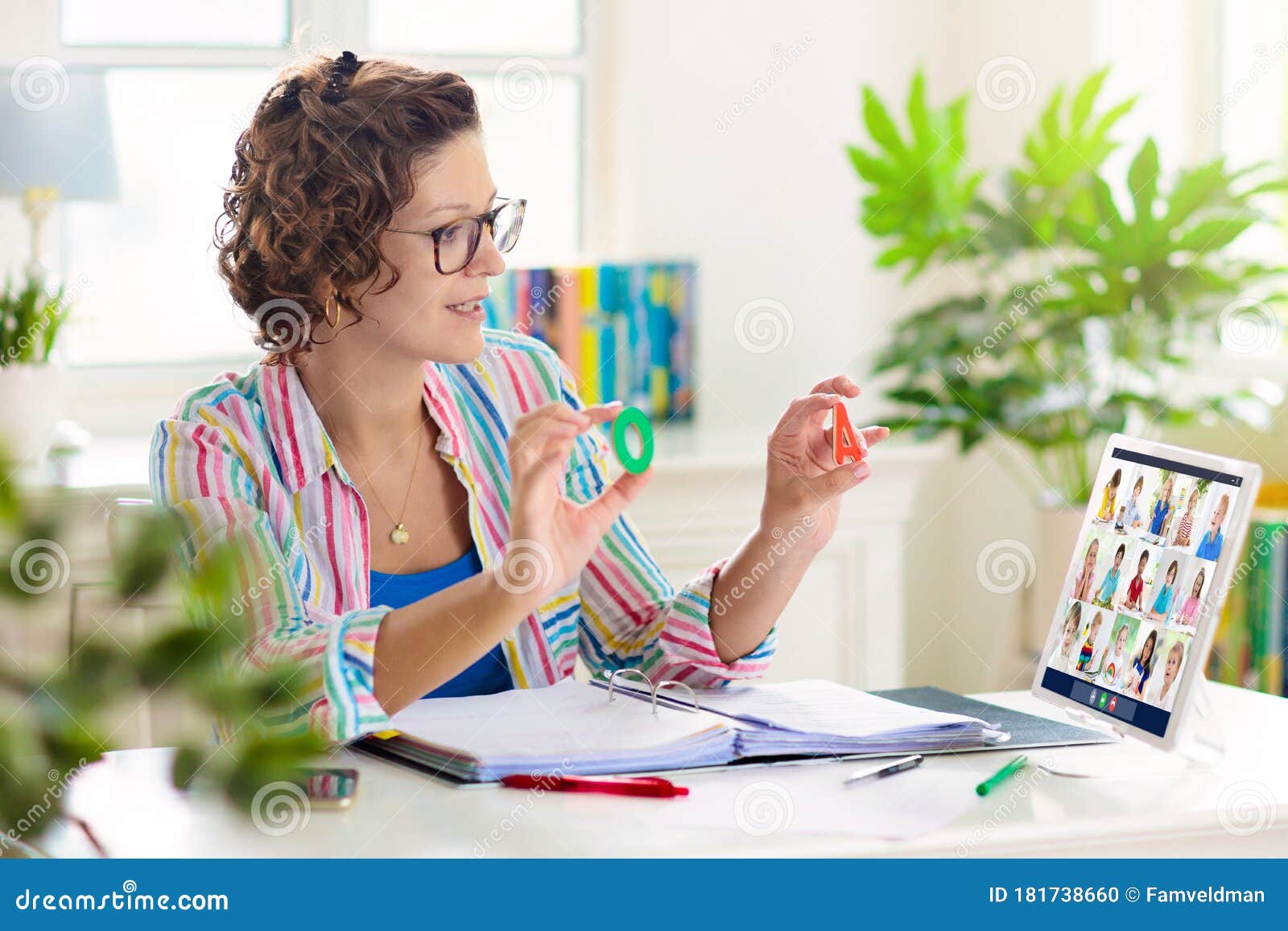 Online Remote Learning. Teacher with Computer Stock Photo - Image of ...