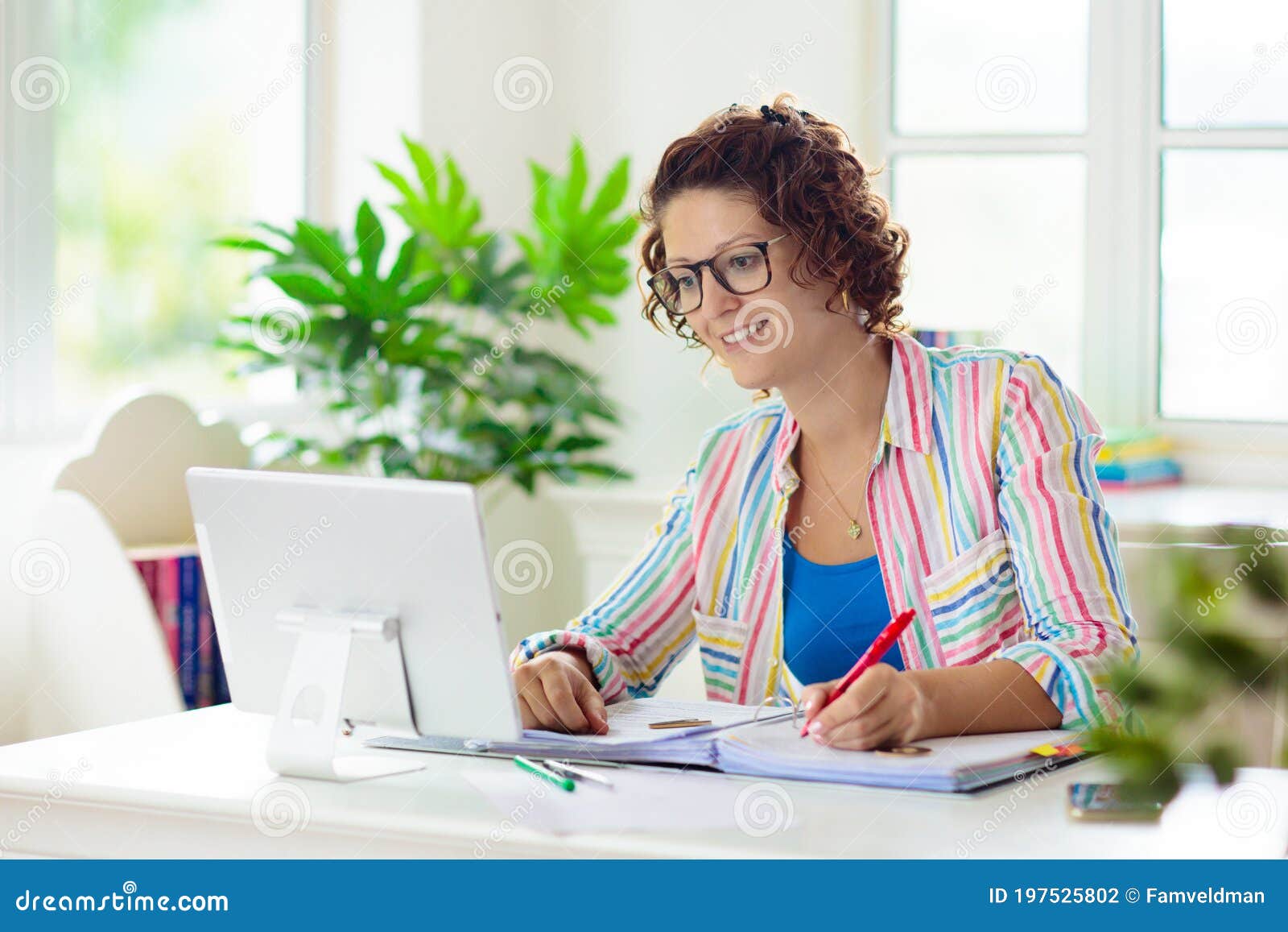 Online Remote Learning. Teacher with Computer Stock Photo - Image of ...