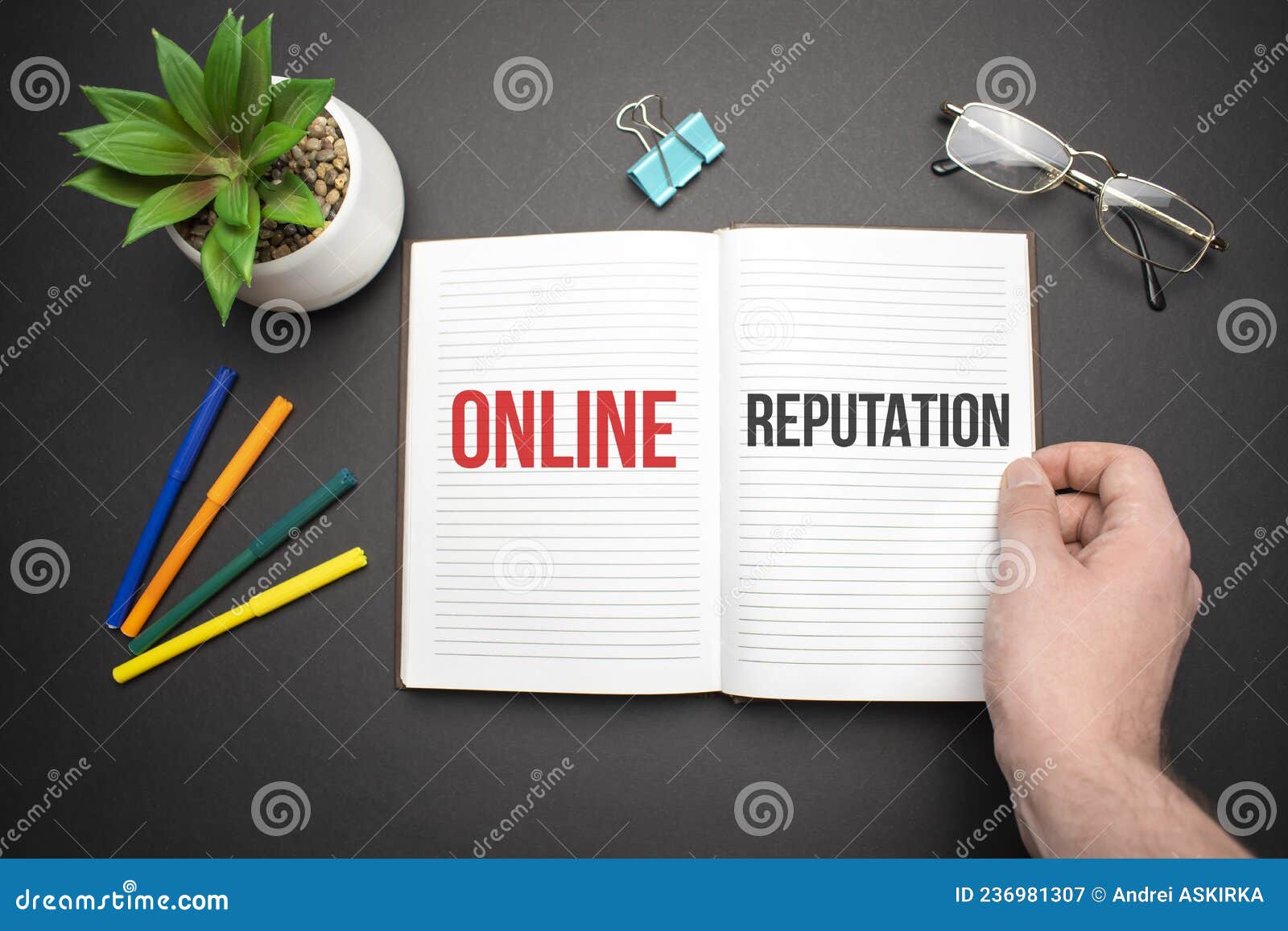 ONLINE REPUTATION Text on the Notebook with Businessman S Hands Stock ...