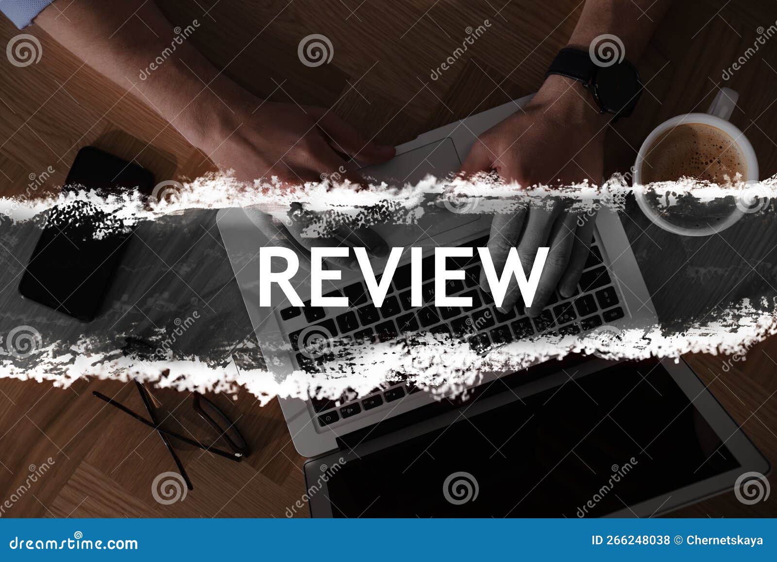 Online Review. Man Using Laptop To Leave Feedback, Top View Stock Photo ...