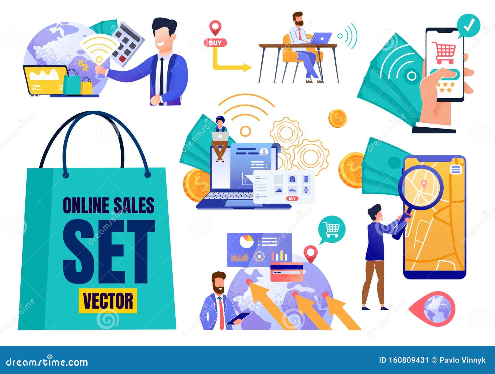 Online Sales Connections And Box Flip Wooden Cube With Word On Purple ...