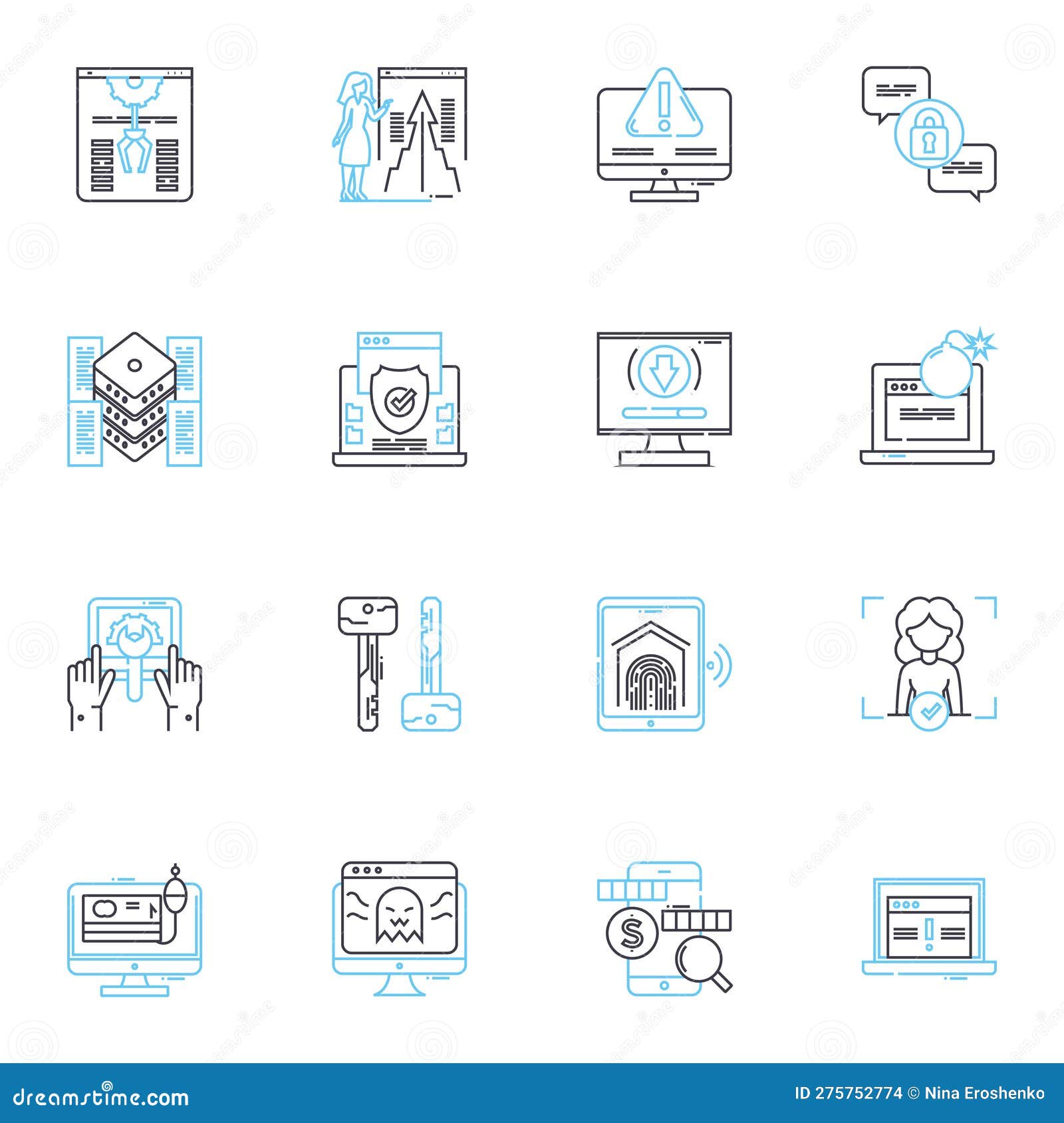 Online Security Linear Icons Set. Encryption, Firewall, VPN, Malware ...