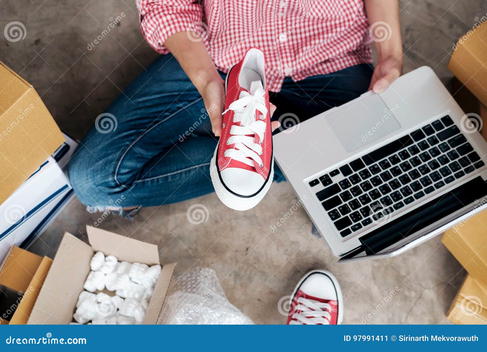 Online Seller Owner Using Computer for Checking Customer Orders. Stock ...