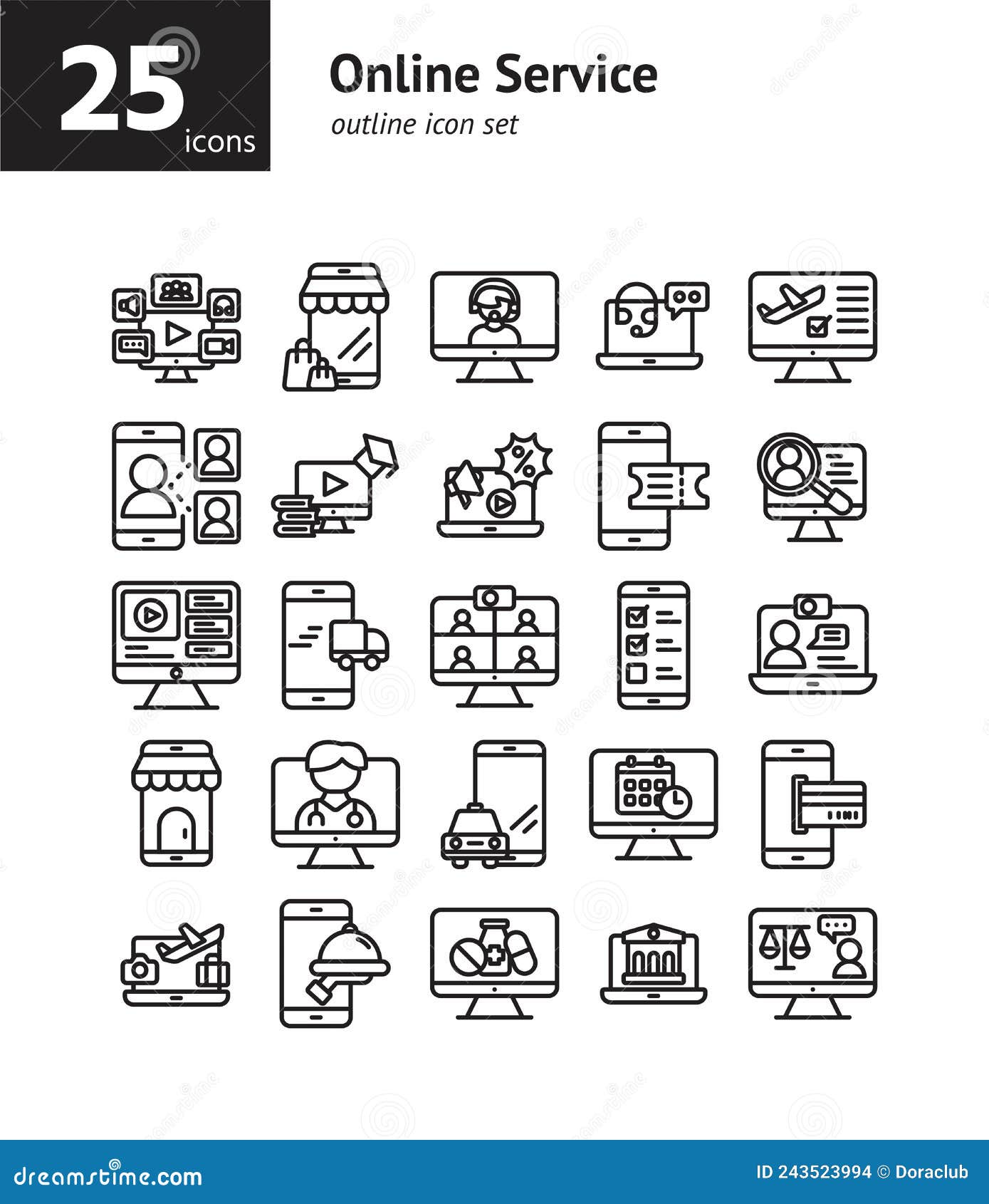 Online Service Outline Icon Set. Stock Vector - Illustration of ebook ...
