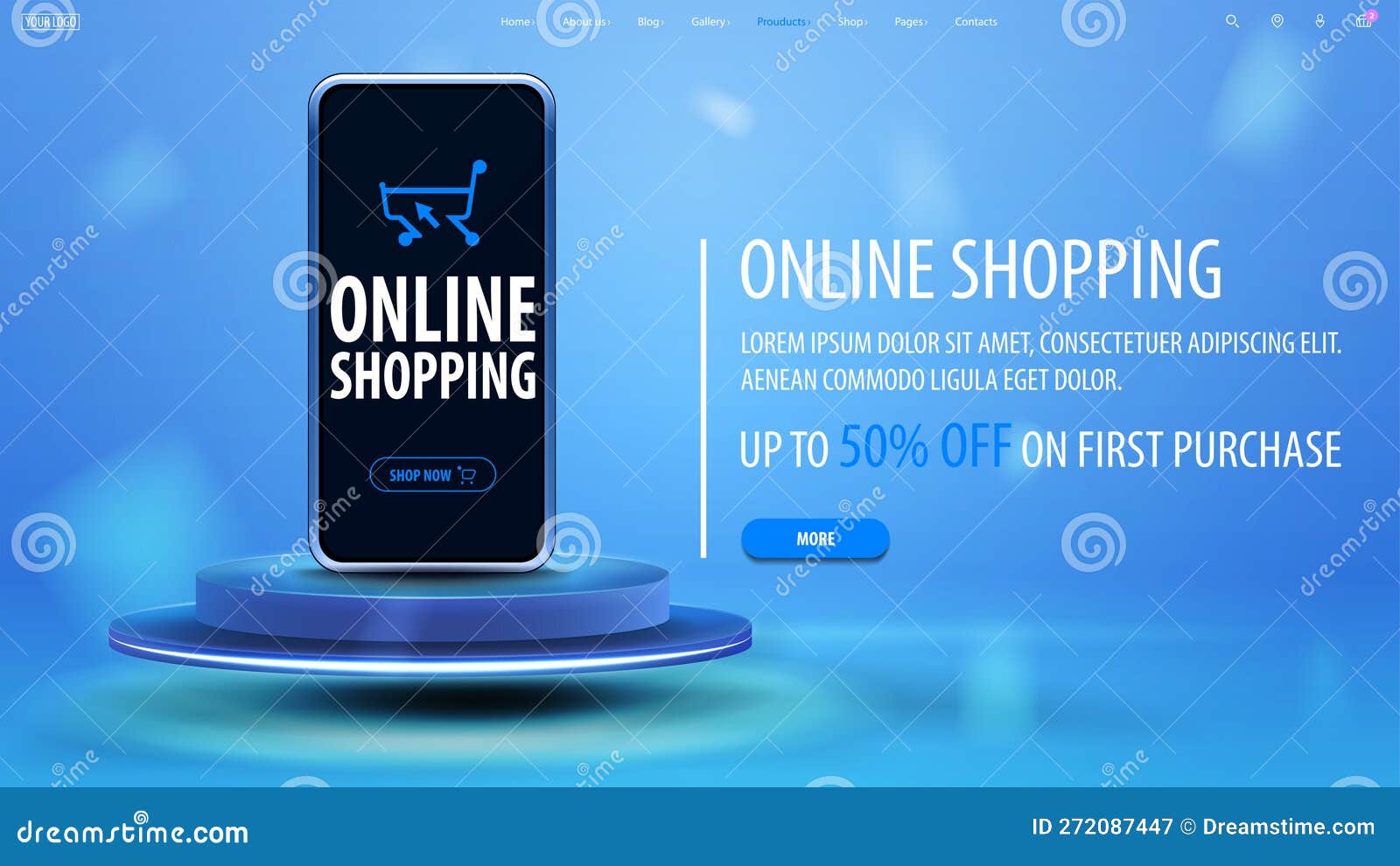 Online Shopping, Blue Web Banner with Smartphone on Blue Podium and ...