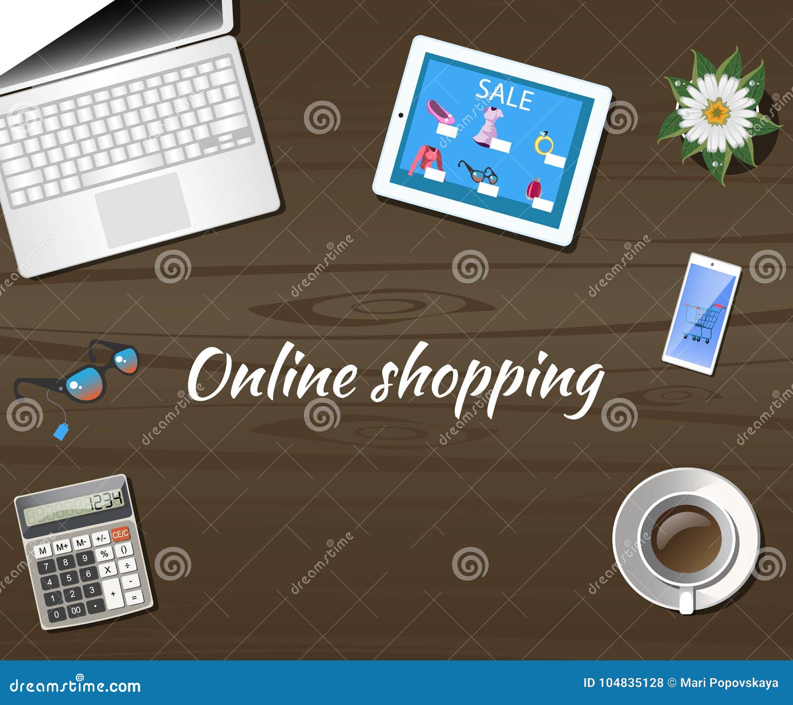Online Shopping Concept Desktop with Computer Stock Vector ...