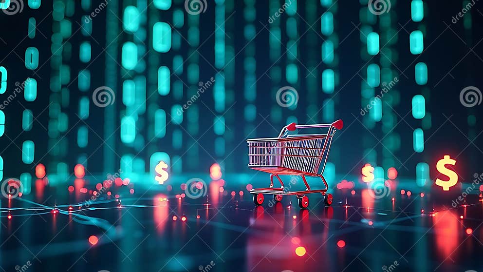 Online Shopping Concept with a Glowing Binary Code Background ...