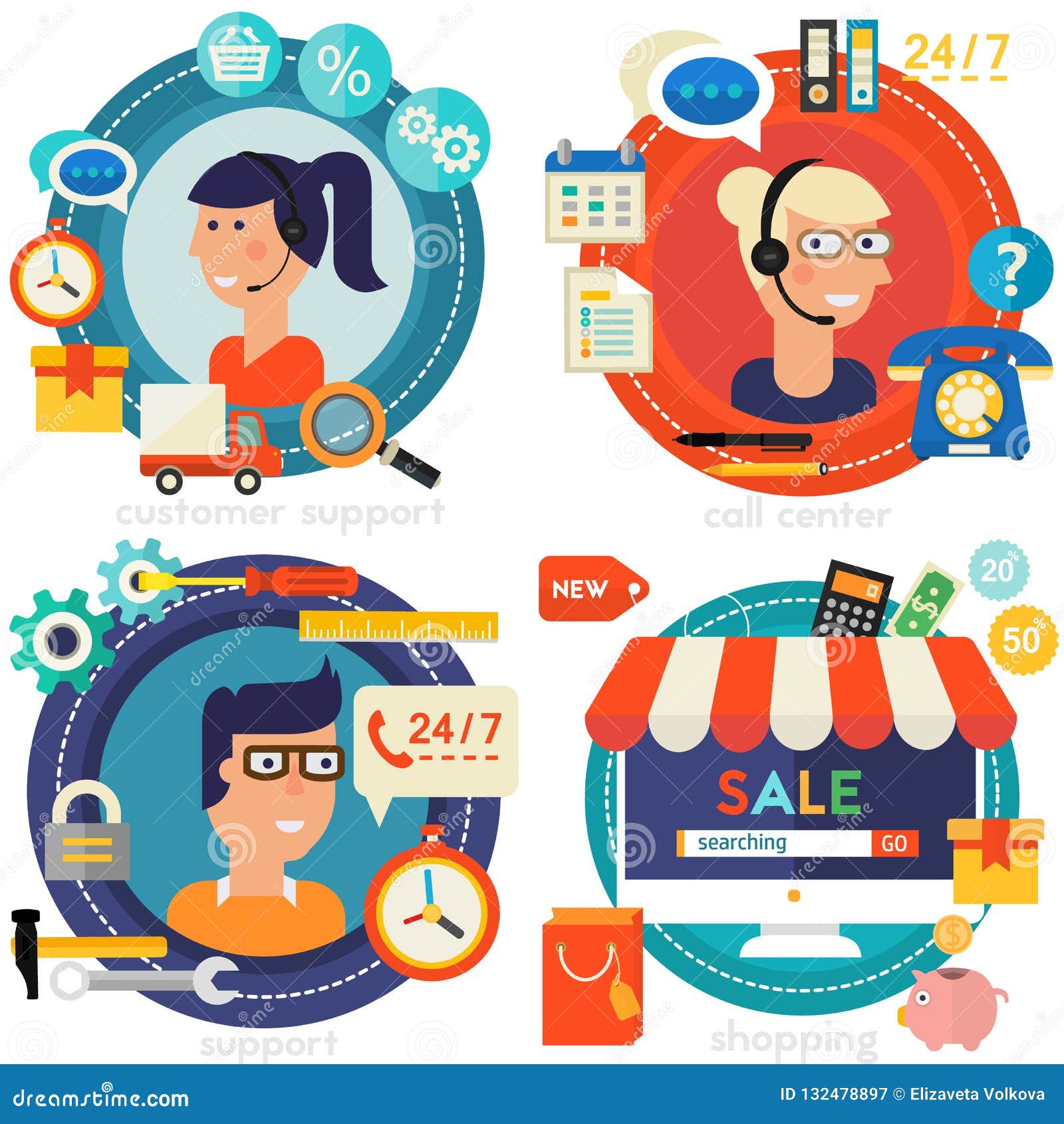 Online Shopping, Customer and Technical Support Call Center Concept ...