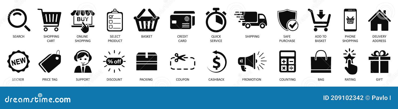 Online Shopping Icons Set Shopping Process Order Parcel Processing Bar ...