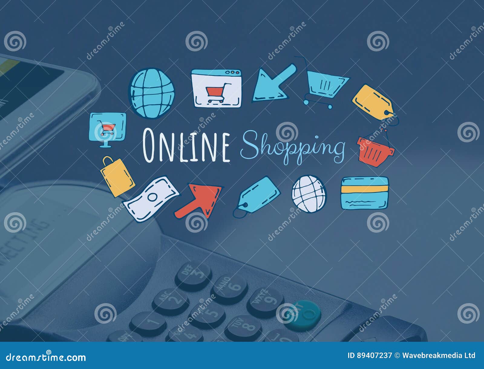 Online Shopping Text with Drawings Graphics Stock Illustration ...