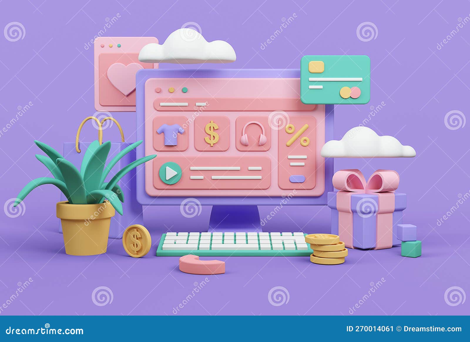 Online Shopping Theme Composition. Workplace 3d Render. Stock ...