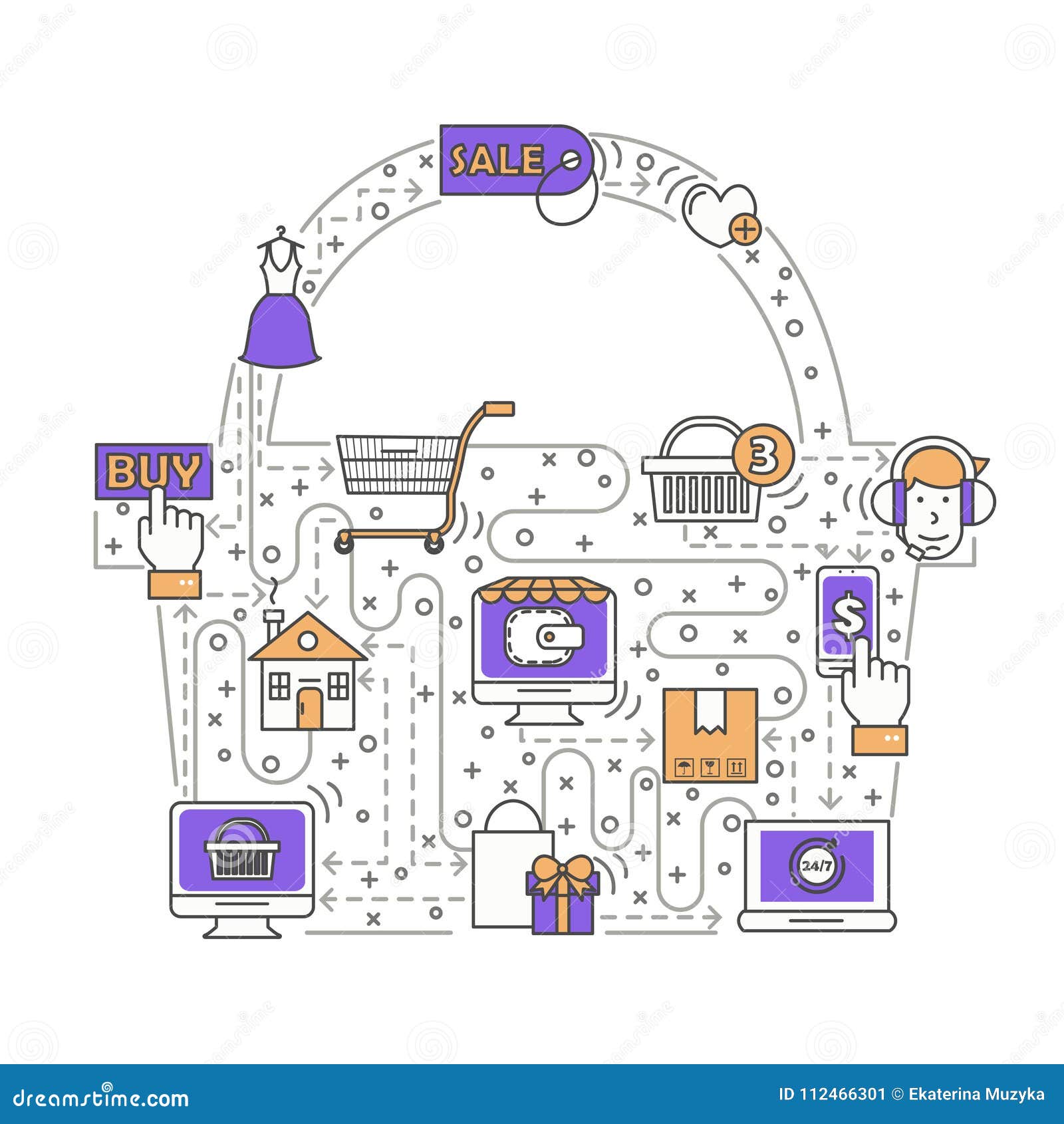 Online Shopping Vector Flat Line Art Illustration Stock Vector ...