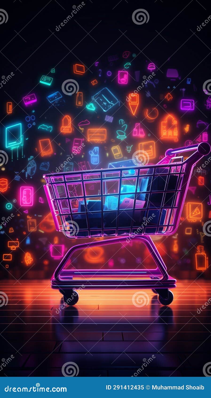 Online Shopping Vector Template Glows with Neon Elements, Modernizing ...