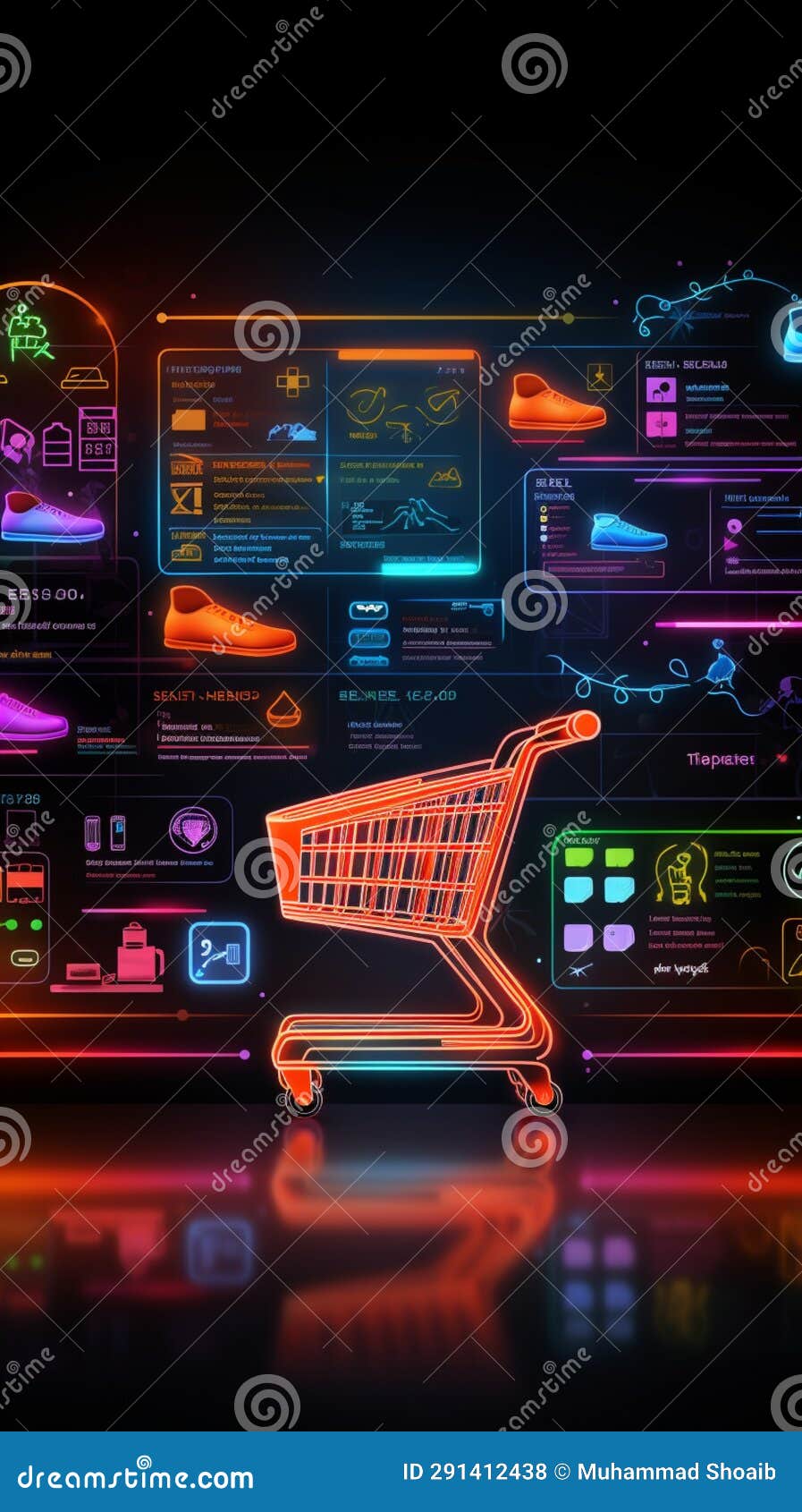 Online Shopping Vector Template Glows with Neon Elements, Modernizing ...