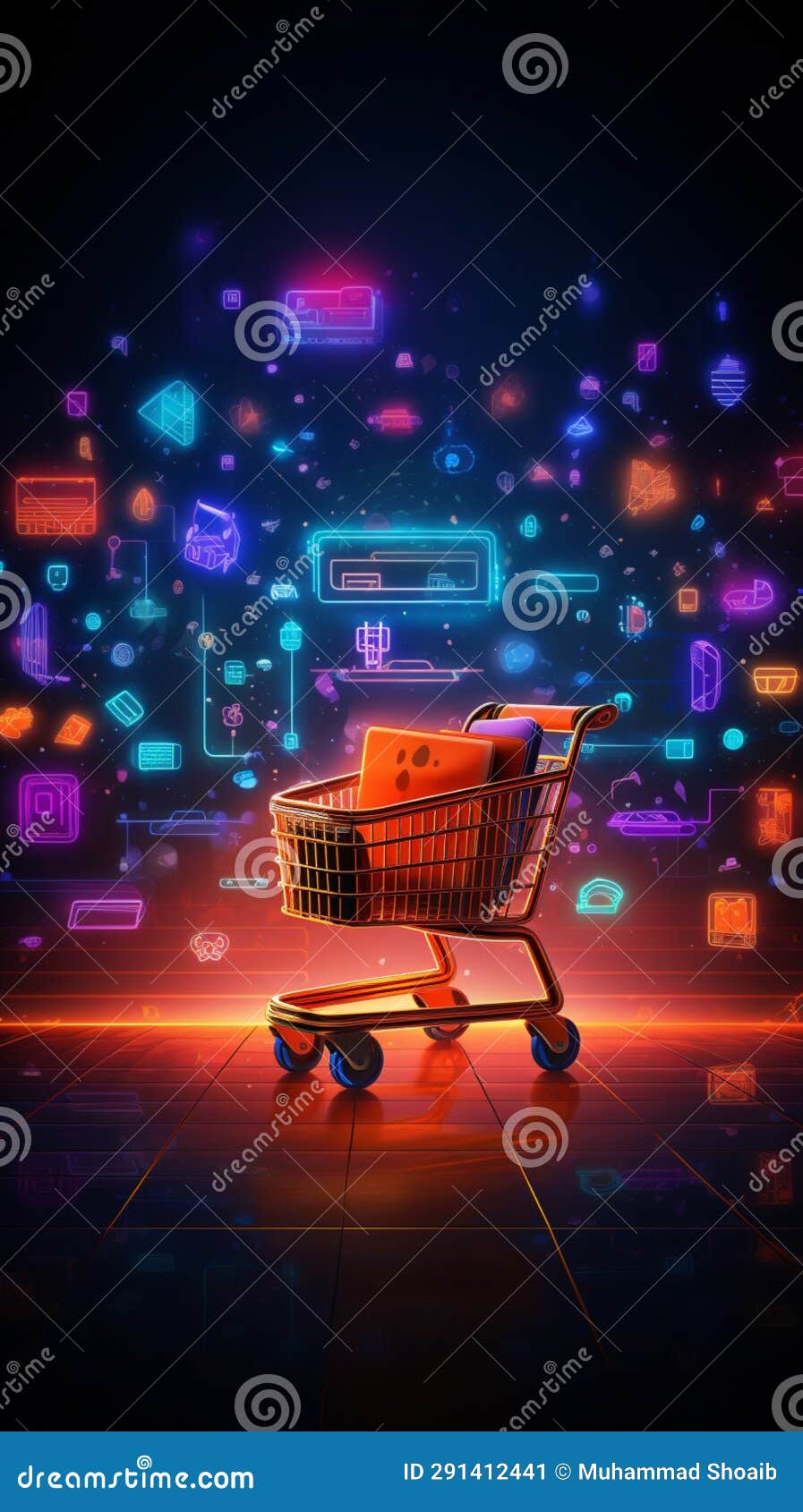 Online Shopping Vector Template Glows with Neon Elements, Modernizing ...