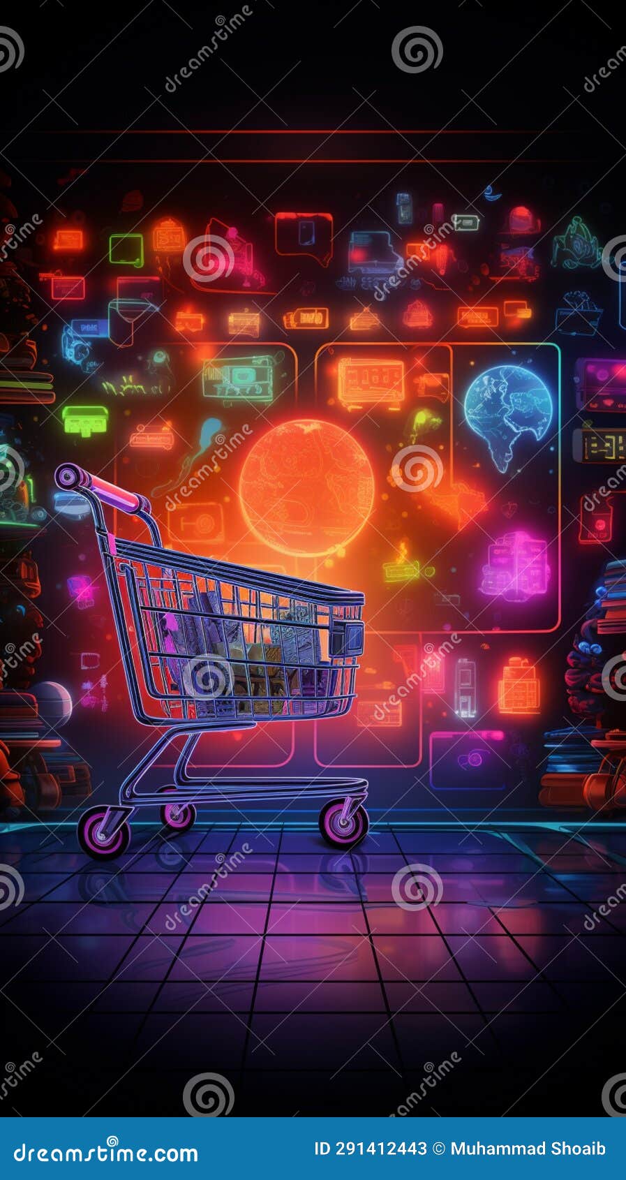 Online Shopping Vector Template Glows with Neon Elements, Modernizing ...