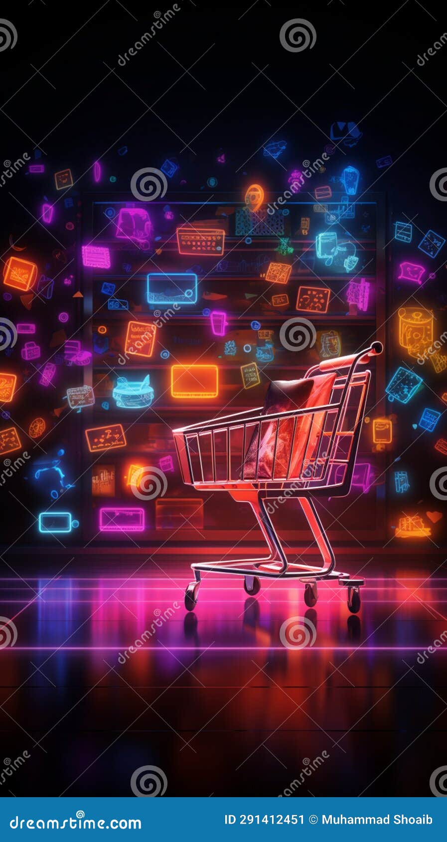 Online Shopping Vector Template Glows with Neon Elements, Modernizing ...