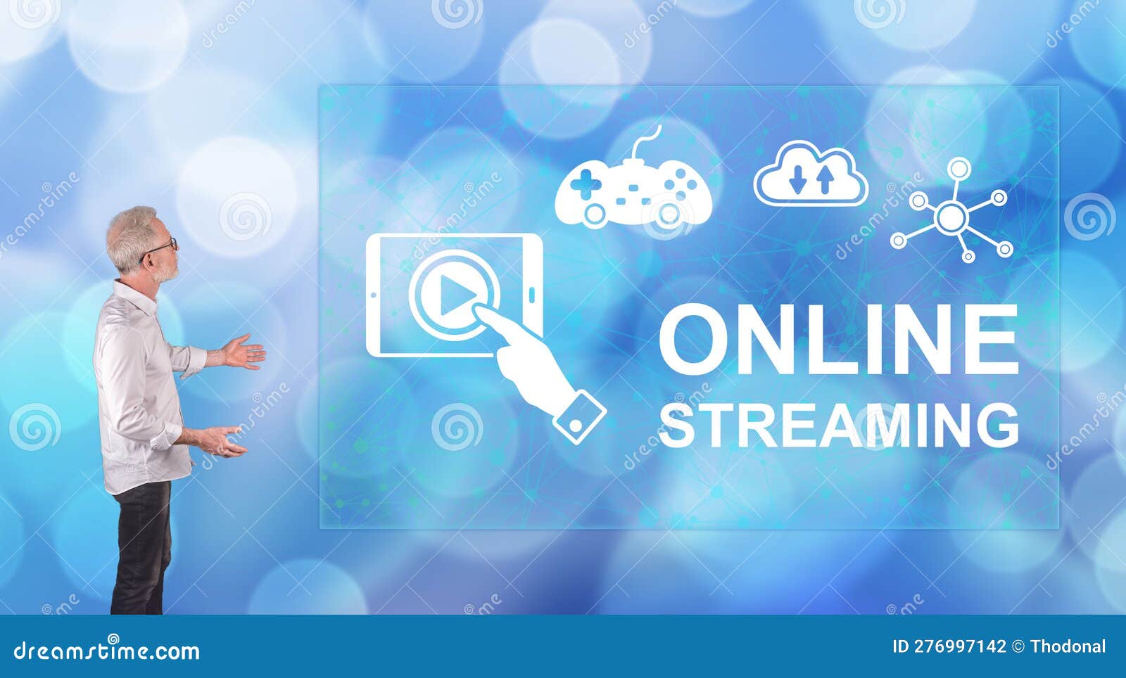 An Online Streaming Concept Explained by a Businessman on a Wall Screen ...