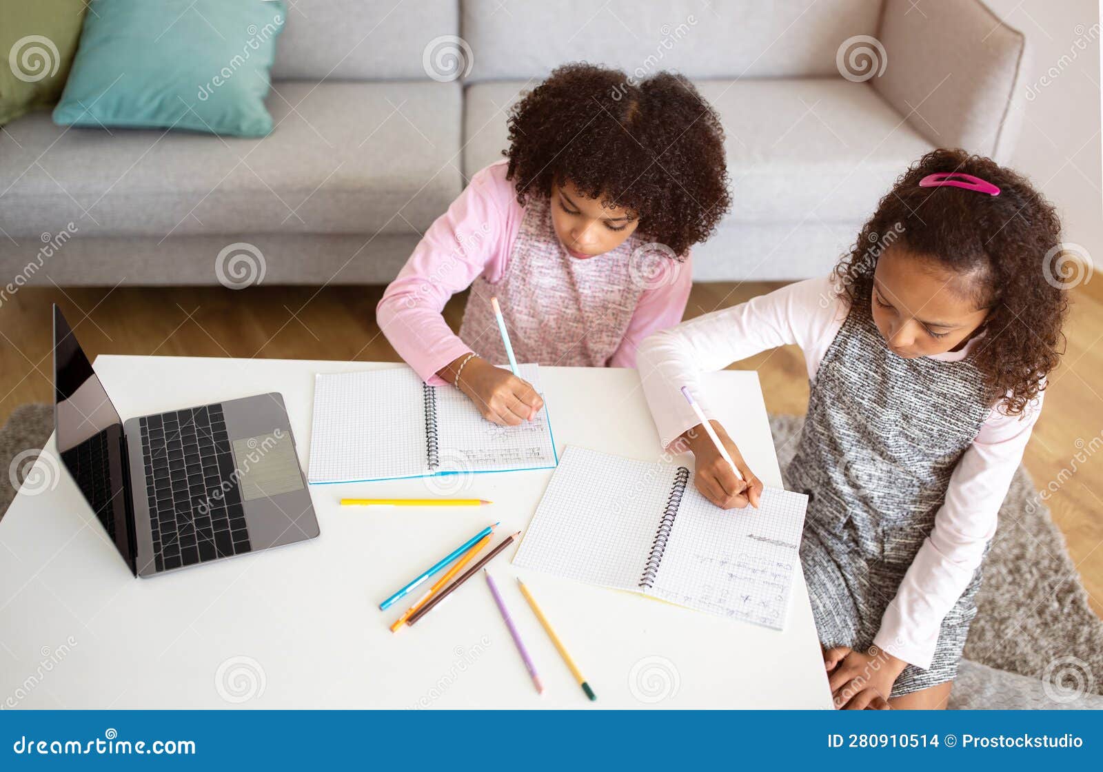 Black Sisters Learning at Laptop Doing Homework Taking Notes Indoors ...