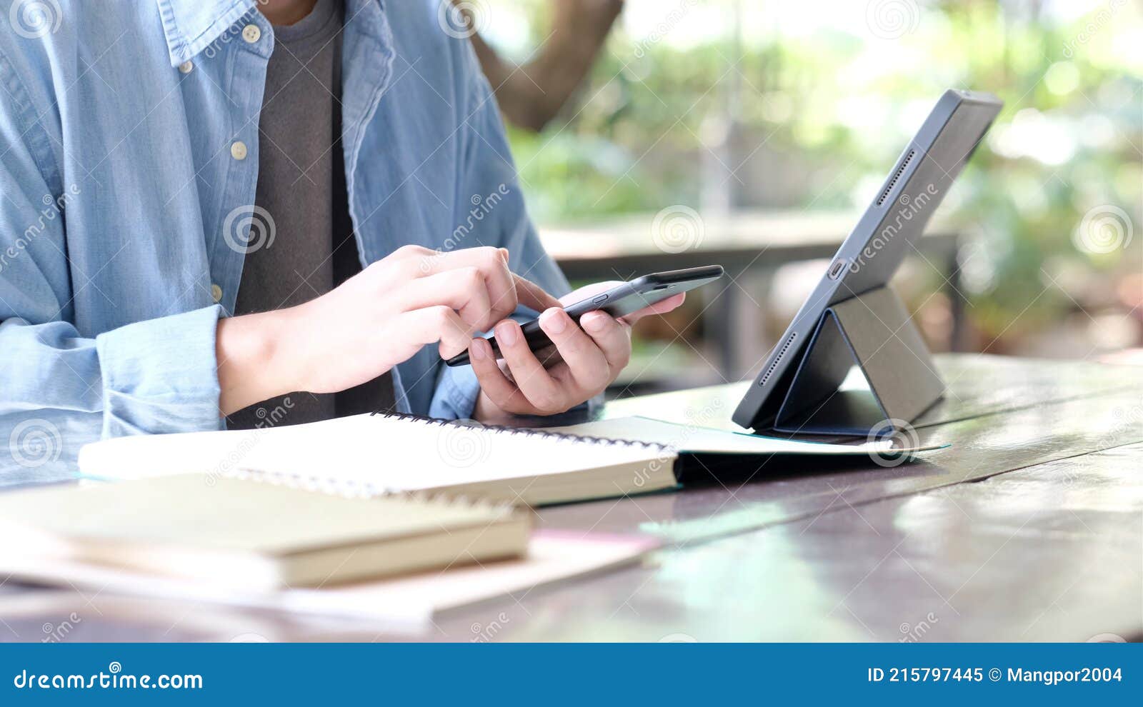 Online Study, Man Hand Using Mobile Phone for Digital Home Study Class ...