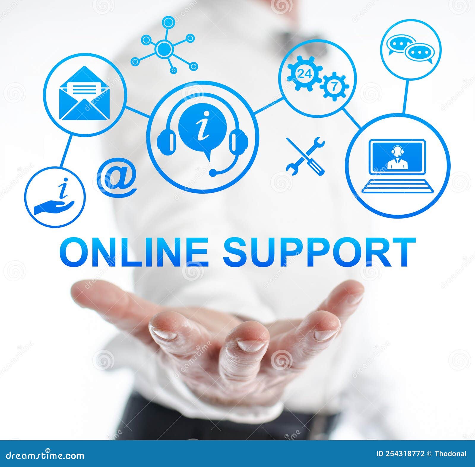 Online Support Concept Levitating Above a Hand Stock Illustration ...