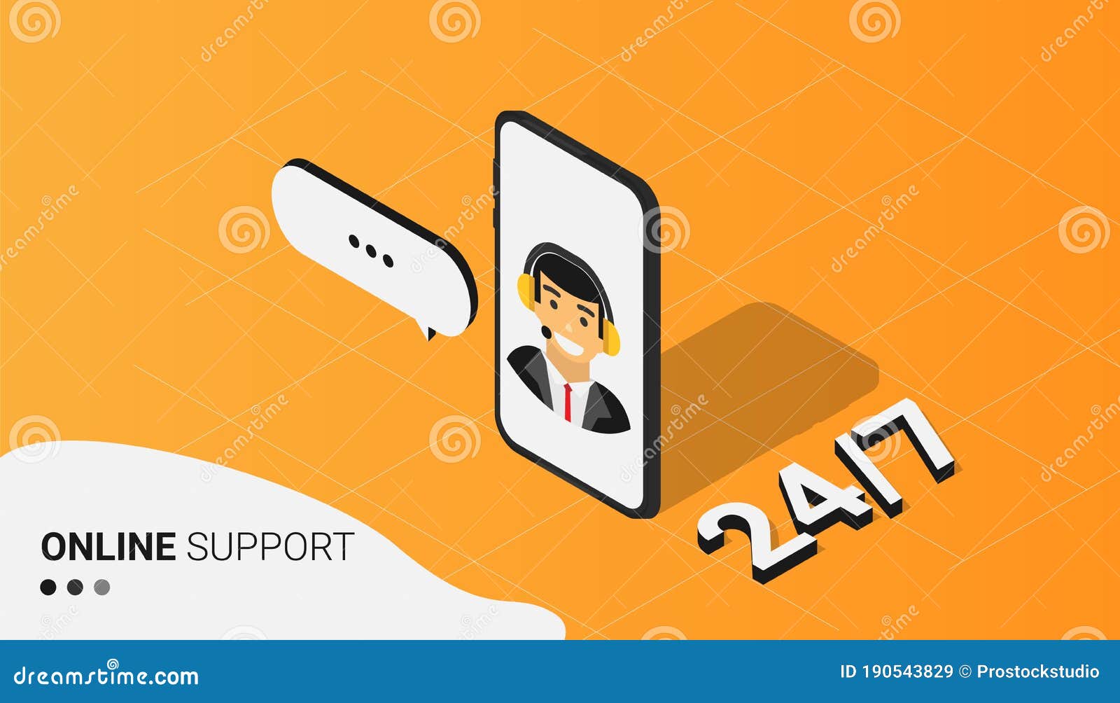 Online Support App on Smartphone Screen, Yellow Background, Vector ...