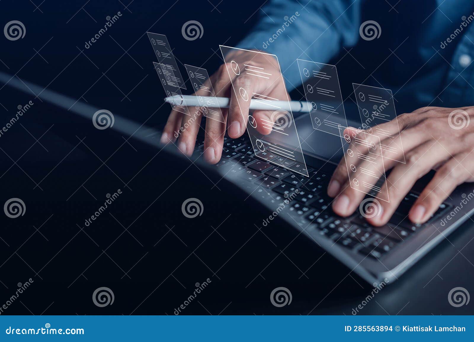 Online Survey Filling Out and Digital Form Checklist by Laptop Computer, Document Management ...