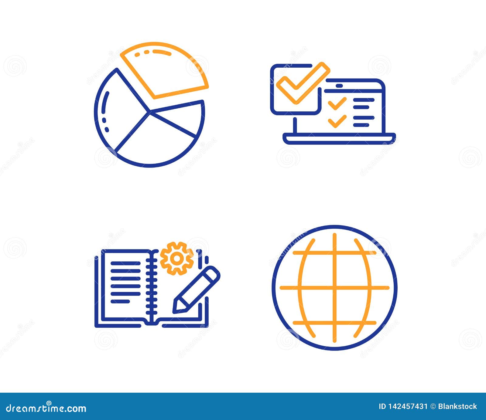 Online Survey, Pie Chart and Engineering Documentation Icons Set. Globe ...