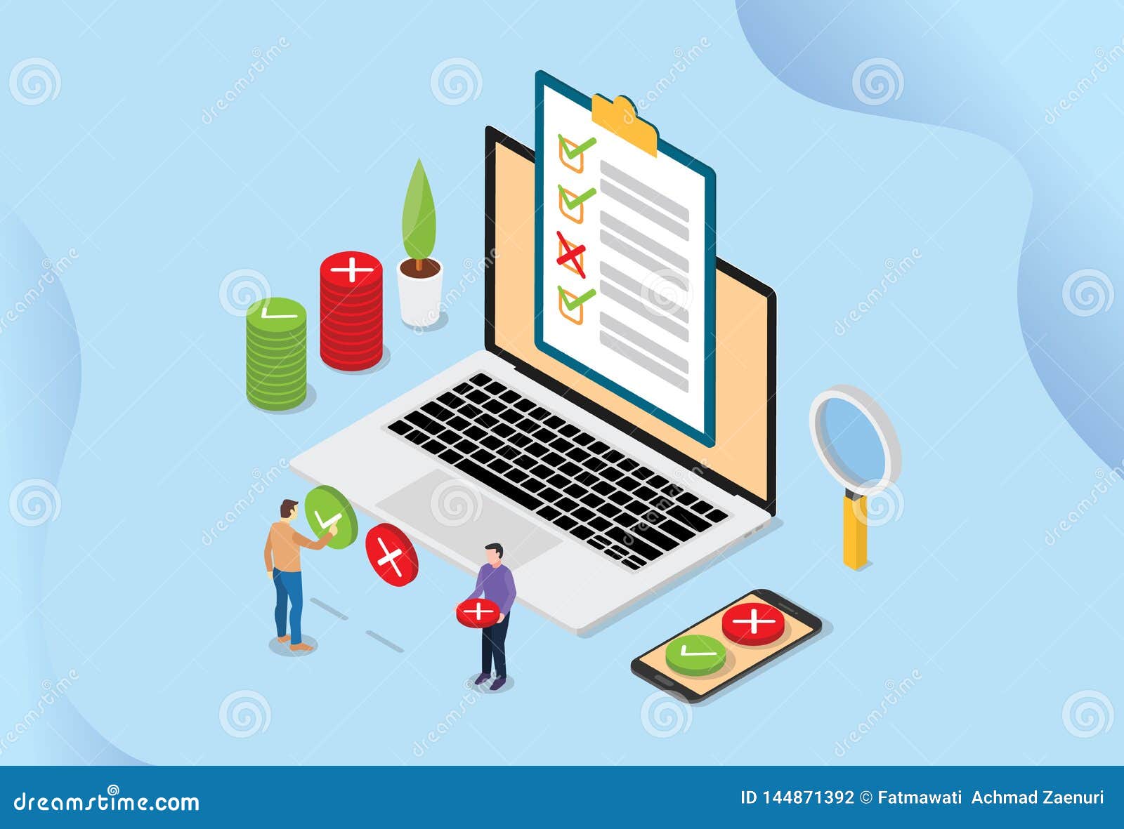 Online Survey Technology Concept with People and Laptop with Checklist ...