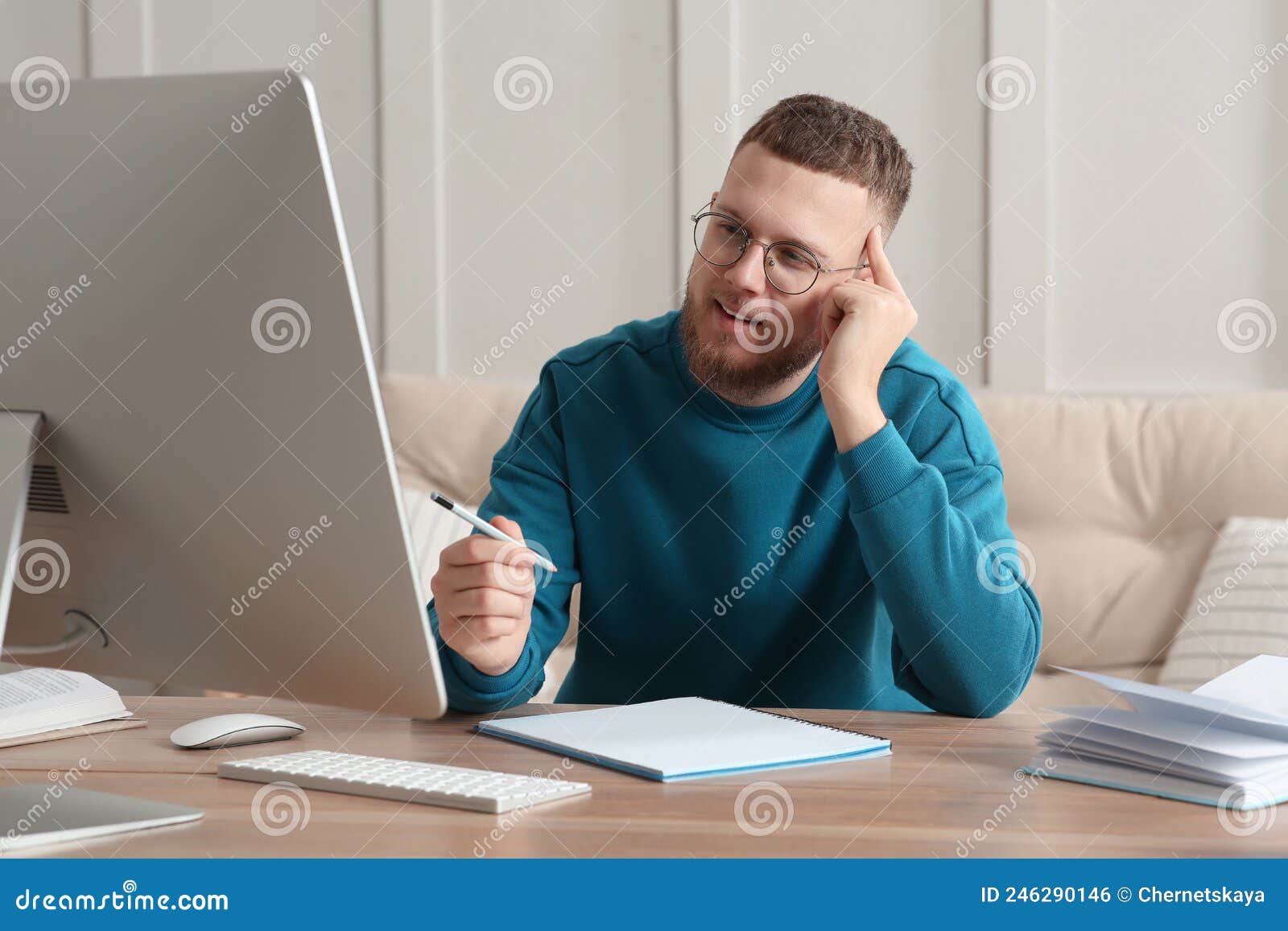 Online Test. Man Studying with Computer at Home Stock Photo - Image of ...