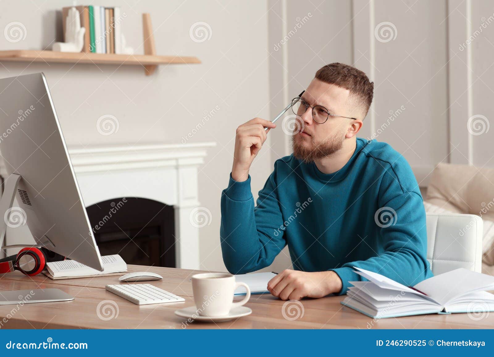 Online Test. Man Studying with Computer at Home Stock Image - Image of ...